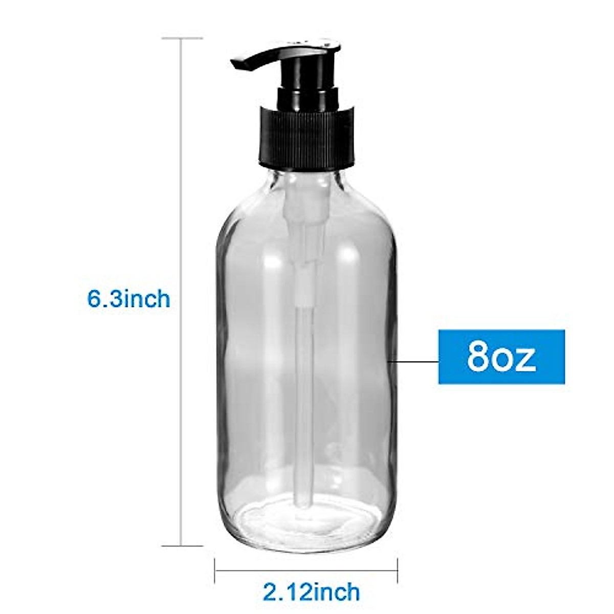 8oz 8 Pack Glass Pump Bottles, RUCKAE Clear Pump Bottle for Soap Dispenser, Empty Pump Bottle for Shampoo, Body Wash, Hand Soap, Lotion and More