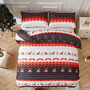 LAMEJOR Christmas Duvet Cover Set Queen Size Soft, Christmas Theme Reindeers/Bells/Christmas Trees Pattern Holiday Decor, 1 Duvet Cover+2 Pillow Cases