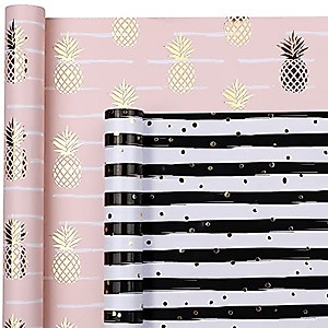 Packanewly Wrapping Paper Roll Set with Cutline on Reverse for All Occasion - Pink Gold White, Black Stripe, Fruit Pineapple Gift Wrap paper Bundle(4 Pack, 100 sq. ft. ttl.) - 30 x 120 Inch Each Roll