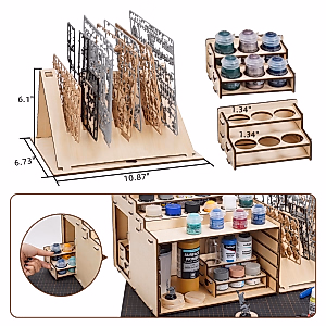 T TOGUSH Wooden Paint Organizer for 36 Holes of Citadel Paints and 36 Holes of Paint Brushes with Adjustable Storage wtih Model Pieces Shelf, Miniature Stands Holder Paint Rack for Miniature Paint Set