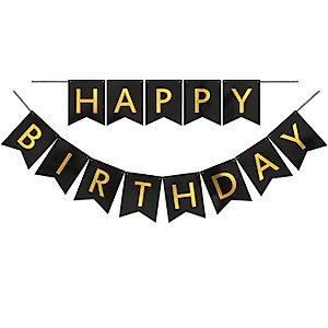 LITAUS, Black Gold Happy Birthday Banner - Pre-Strung, 9 ft, No DIY | Birthday Decorations | Happy Birthday Sign for Birthday Decor, Backdrop | Birthday Banner for Women, Men | Happy Birthday