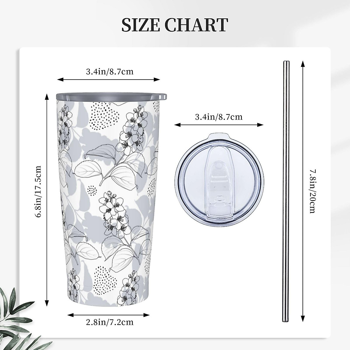 JASROTAO Gray Flower Tumbler,Flowers 20oz Stainless Steel Insulated Travel Tumbler,Travel Coffee Mug with Lid and Straw Water Bottle Drink Tumbler Cups Gifts for Women Men Lovers