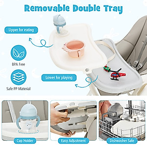 BABY JOY High Chair for Babies & Toddlers, Foldable Highchair with Adjustable Backrest, Footrest and Height, Removable Tray, Detachable Seat Cushion, 4 Lockable Wheels (Gray)