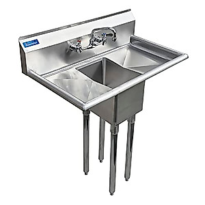 One Compartment Stainless Steel Commercial Kitchen Prep & Utility Sink with Left and Right Drainboards with Faucet | Bowl Size 10" x 14" X 10" | NSF