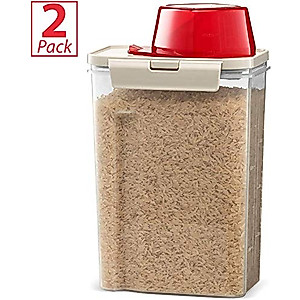Komax Rice Container – Dry Food Storage Containers – BPA-Free Plastic Containers for Rice & Grain Storage – Rice Dispenser w/Lid & Measuring Scoop – Dishwasher Safe Food Containers (Set of 2)