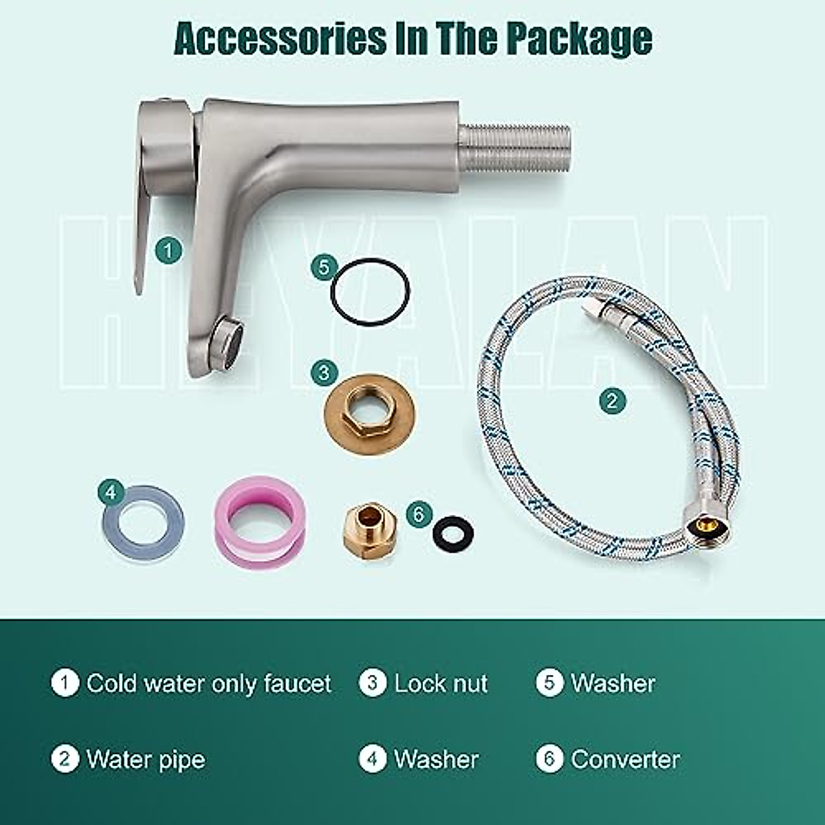 Heyalan Brushed Nickel Bathroom Faucet Cold Water Only SUS304 Stainless Steel Single Handle One Hole Deck Mounted Lavatory Tap Single Switch (Drain not Included)