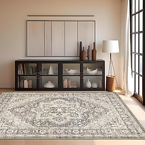 Pauwer Boho Area Rug 5x7, Large Washable Area Rugs for Living Room, Soft Vintage Bedroom Rug Carpet, Farmhouse Non Slip Low-Pile Throw Area Rugs for Dining Room Entryway Dorm, Natural Brown Sage