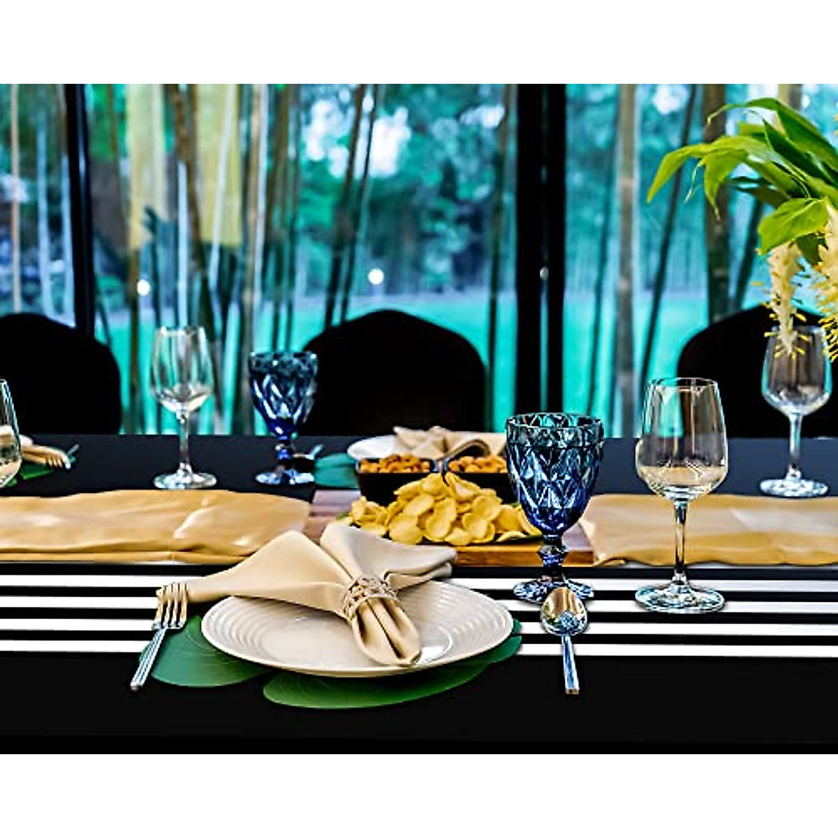 Disposable Boho Black and White Striped Tablecloth, 86 x 54 Inch Rectangle Plastic Table Cover for Birthday Party, Wedding, Reception, Bridal Showers Modern Wedding Party Decoration (3 Pieces)