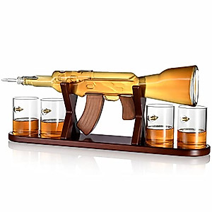 Large Gun Whiskey Decanter By The Diamond Glassware | Comes With A Set Of 4 Bullet Glasses & Mahogany Wooden Base| Decanter Set Perfect For Whiskey, Bourbon, Scotch, Liquor| Great Gift For Him| 1000ml