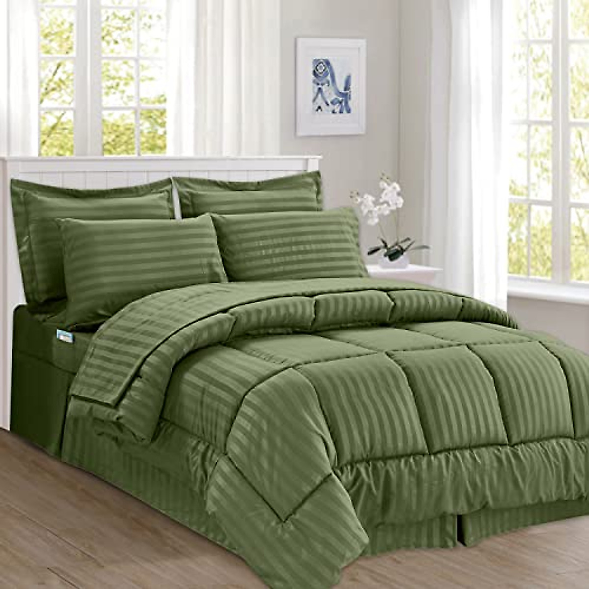 Elegant Comfort® Wrinkle Resistant - Silky Soft Dobby Stripe Bed-in-a-Bag 8-Piece Comforter Set -HypoAllergenic - Full/Queen, Sage