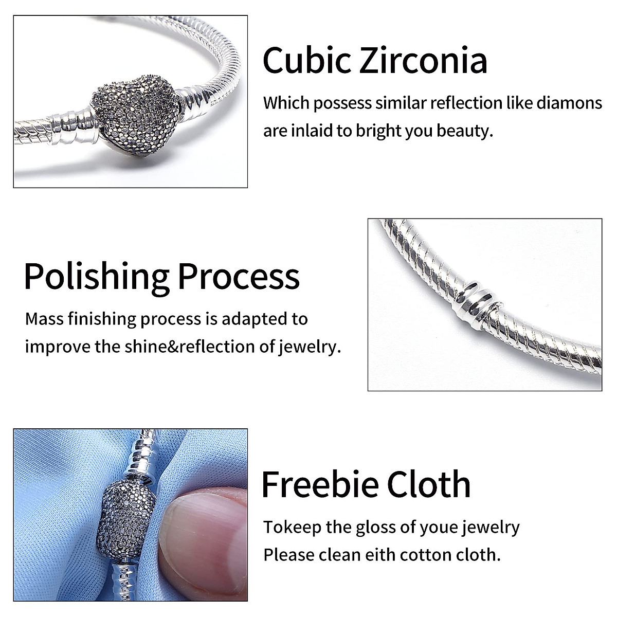 WAKCTFERG Charm Bracelet Fit For Charm beads, 925 Sterling Silver Cubic Zirconia Heart Clasp Snake Chain Bracelet Fit Any Charm Gift for Women Girl Suitable for people aged 12 to 80(ZLL-10, 6.7in/17cm)