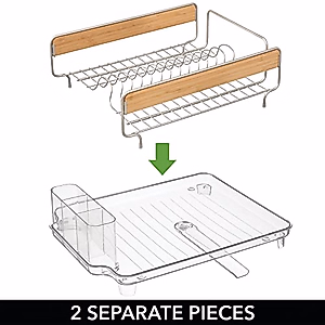 mDesign Large Kitchen Countertop, Sink Dish Drying Rack with Bamboo Wood Accents - Removable Cutlery Tray & Drainboard with Adjustable Swivel Spout - 3 Pieces, BPA Free Cutlery Caddy, Satin/Clear