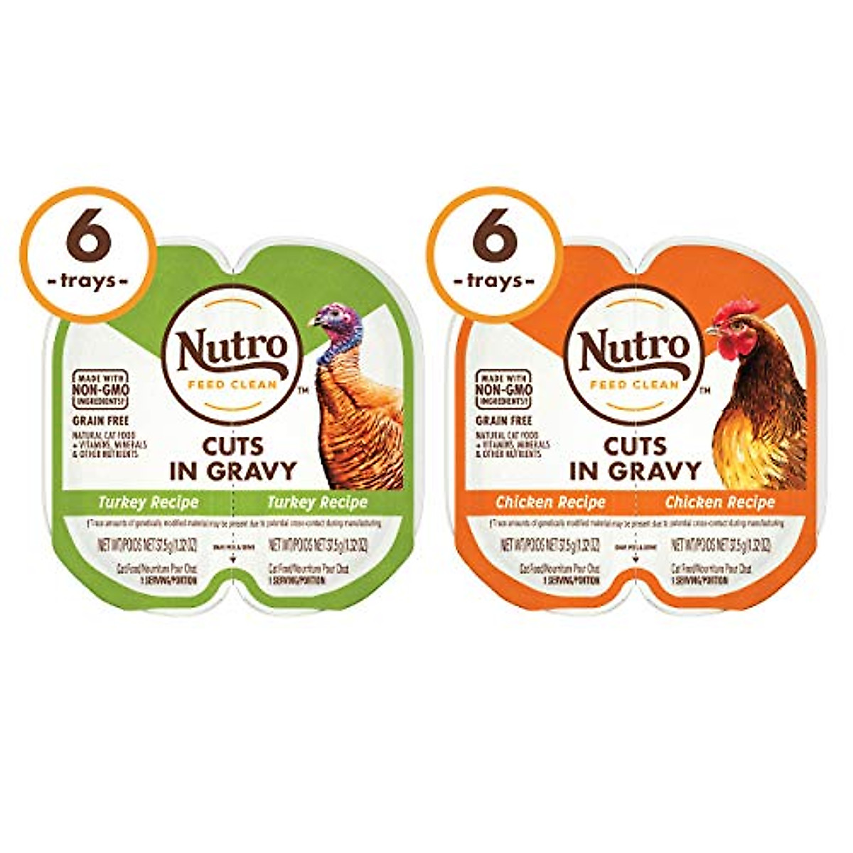 NUTRO Grain Free* Natural Wet Cat Food Cuts in Gravy Turkey Recipe and Chicken Recipe Variety Pack, PERFECT PORTIONS Twin-Pack Trays- 1.32 Ounce (Pack of 24)