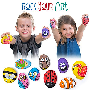 Kipipol Rock Painting Kit for Kids - DIY Arts and Crafts kit for Girls, Boys Ages 3, 4, 5, 6-12 - Kid Rock Art w/10 Rocks for Painting, 12 Acrylic Paints, 2 Brushes, 15 Googly Eyes, 2 Transfer Sheets