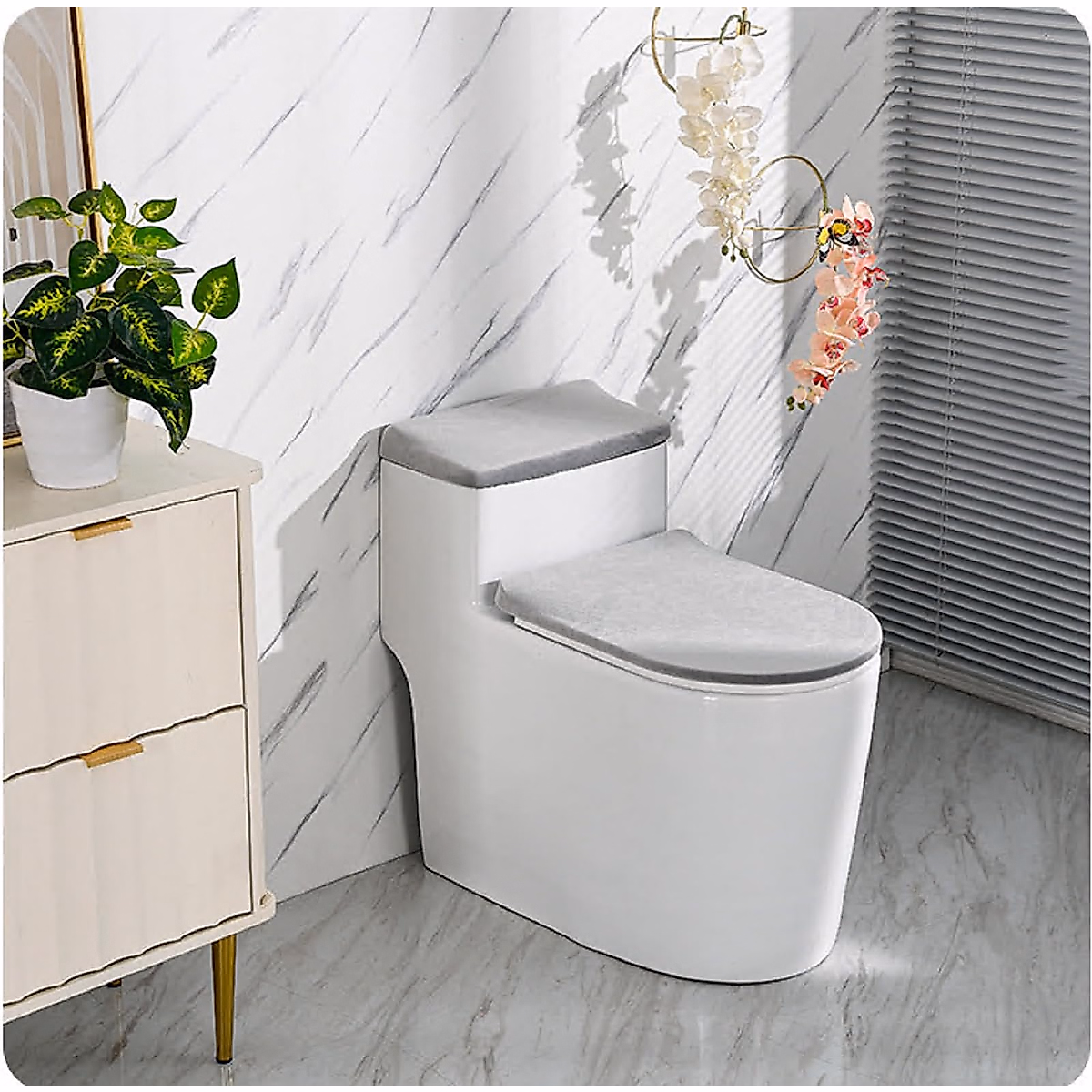 Toilet Tank Lid Cover and Toilet Lid Cover, Bathroom Toilet Lid Seat Cover Set,Toilet Protector Cover，Stretch Washable Spandex Fabric, Fits Most Toilet Tanks & Lids，Hotel and Home，Light Grey (4)