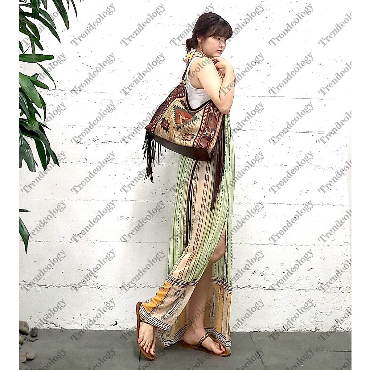 Aztec Tribal Print Canvas Vegan Leather Side Fringe Large Hobo Tote Handbag Wallet Set (Stone)