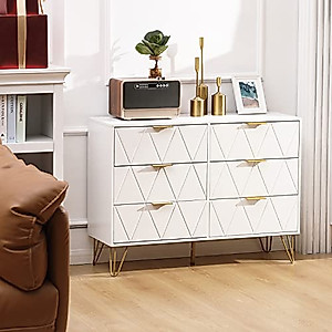 Betterhood 6 Drawer Dresser,White Dresser for Bedroom, Wood Chest of Drawers with Diamond Board & Gold Metal Handles for Bedroom,Living Room,Closet Hallway (White)