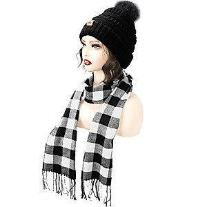 Winter Hat Scarf Gloves and Ear Warmer, Knit Warm Beanie Hat Touch Screen Gloves Long Knitted Plaid Scarf Set Gifts for Women Black