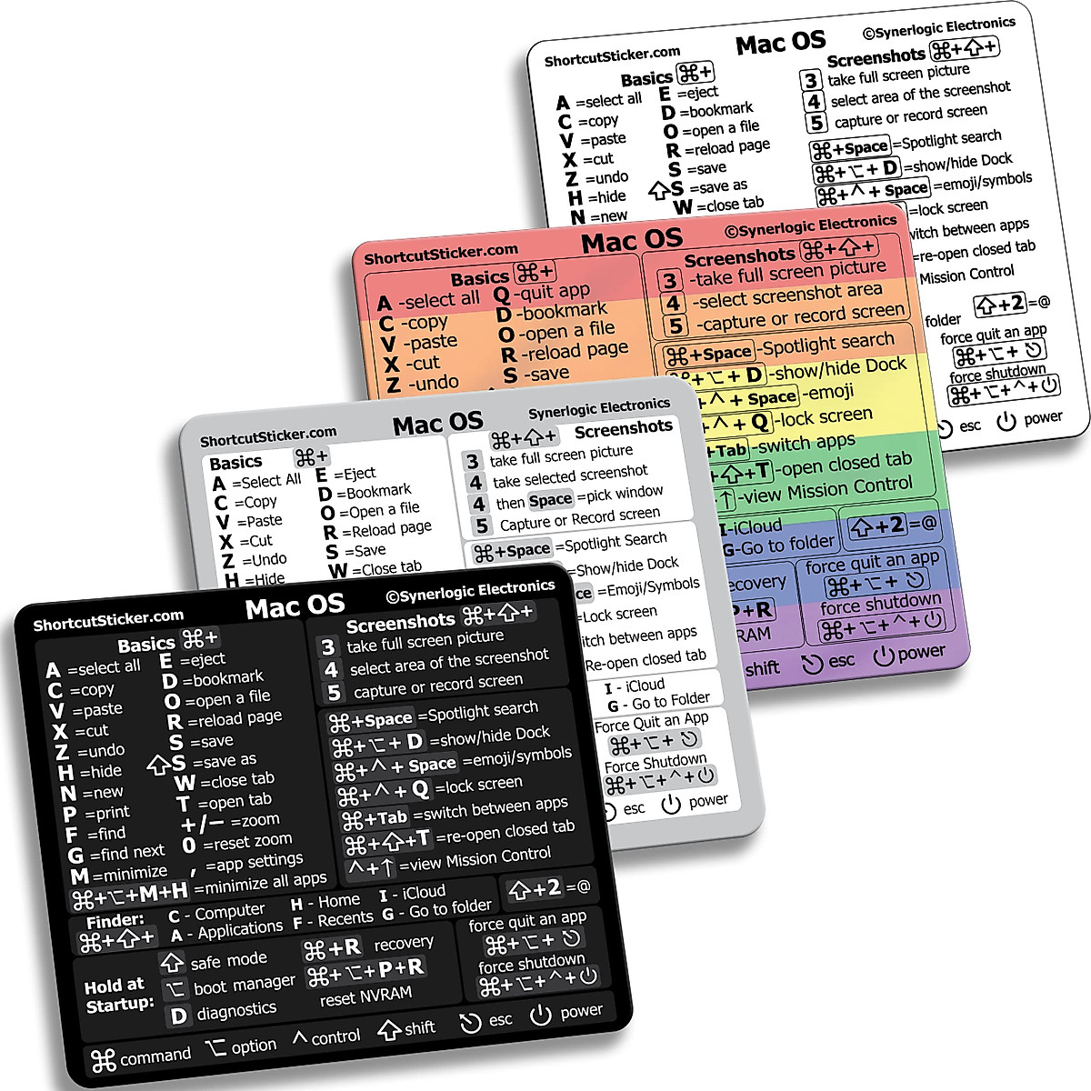 SYNERLOGIC (4-Pack Black/White/Clear/Rainbow) Mac OS Reference Keyboard Shortcut Sticker - Vinyl - Size 3.25"x2.7" for Intel MacBook Pro Air iMac Mini