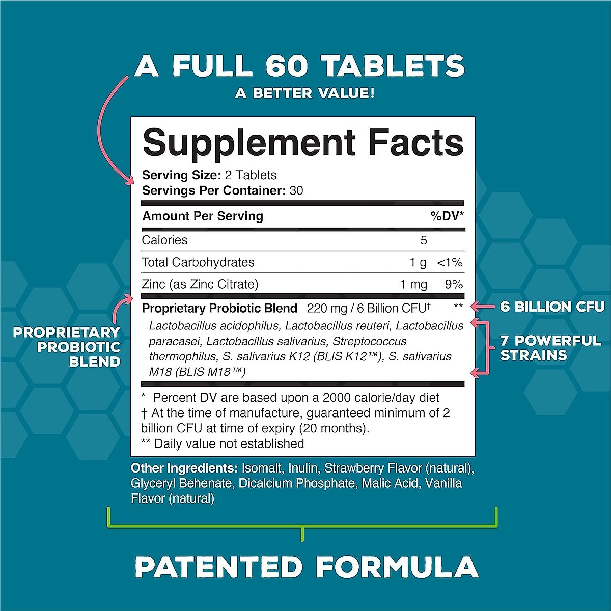 Oral Probiotics for Mouth Bad Breath Treatment for Adults: Dentist Formulated Advanced Oral Probiotics for Teeth and Gums +BLIS K12 M18 – 60 Chewable Oral Health Probiotics Tablets -Strawberry Vanilla