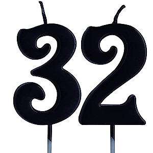 Black 32nd Birthday Candle, Number 32 Years Old Candles Cake Topper, Woman Or Man Party Decorations, Supplies