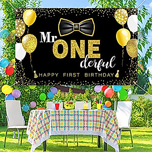 Mr. Onederful Birthday Party Decorations for Boys Happy 1st Birthday Banner Backdrop Large First Birthday Cake Table Decor Mr One Party Favor Supplies (Black and Gold)
