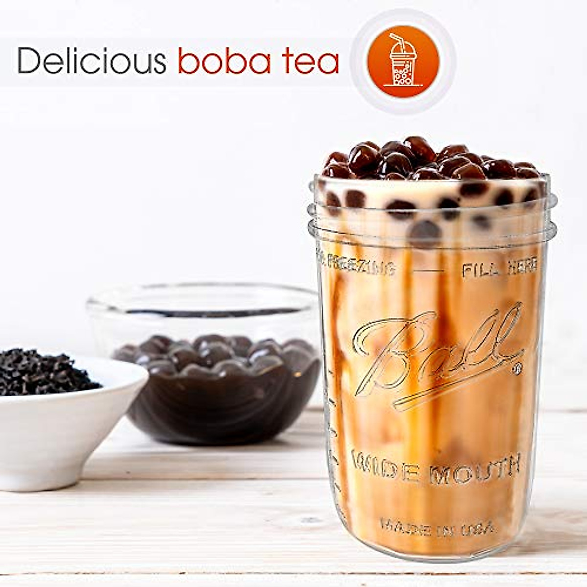 Reusable Wide Mouth Smoothie Cups Boba Tea Cups Bubble Tea Cups with Lids and Gold Straws Mason Jars Glass Cups (2-pack, 16 oz mason jars) Brand Capsule Classic