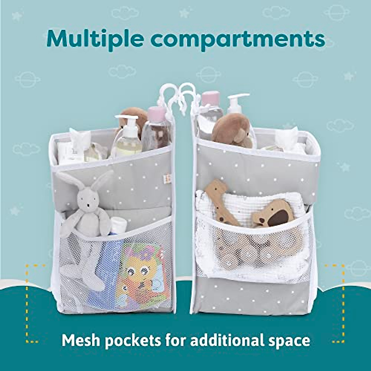 Cradle Star Hanging Diaper Caddy Organizer - Diaper Organizer Caddy with Multiple Pockets - Baby Organizer for Nursery Accessories - Changing Table Organizer and Diaper Storage - 17x9x9 in - Gray