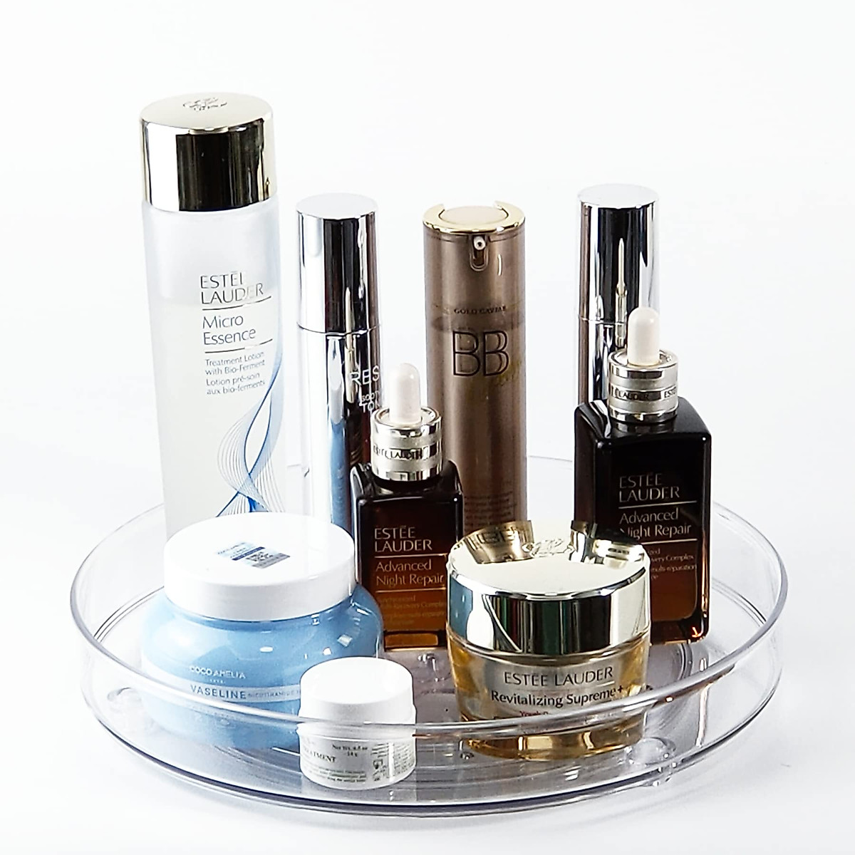 YCLADEC 4 Pack Lazy Susan 10.6inch Turntable Pantry Organization and Storage for Cabinet Organizer Container Bins Spice Rack Rotating Condiment Countertop Kitchen Vanity Bathroom Jewelry Holder Clear