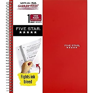 Five Star Spiral Notebook, 1 Subject, Wide Ruled Paper, 10-1/2" x 8", 100 Sheets, Assorted Colors, Color Will Vary, 1 Count (05200)