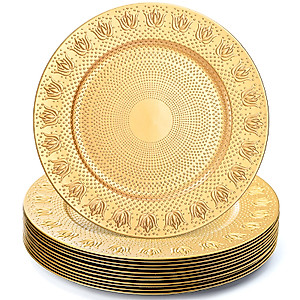 WUWEOT 12 Pack Gold Charger Plates, 13" Plastic Round Dinner Under Plates Bulk, Reusable Charger Service Base Plates with Embossed Pattern for Party, Wedding, Catering Event, Tabletop Decor