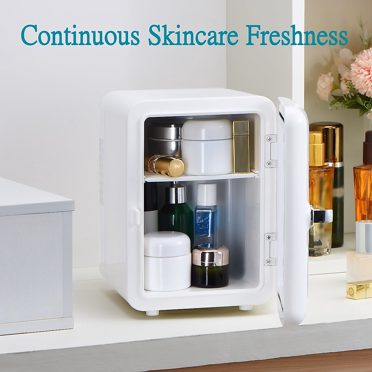 Iceblue Skincare Fridge with Viewing Window, 4L Compact Small Fridge for Bedroom, Car, Office & Dorm, 4A Cooling Core, Mini skincare fridge for Beauty Essentials & Beverages(White)