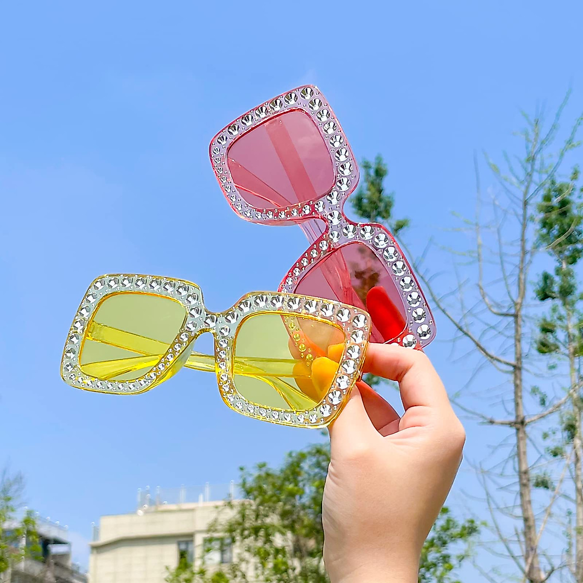 SUNOVELTIES 12 Pcs Women Sparkling Crystal Sunglasses Oversized Square Diamond Thick Frame Glasses Funky Big Cool Eyeswear