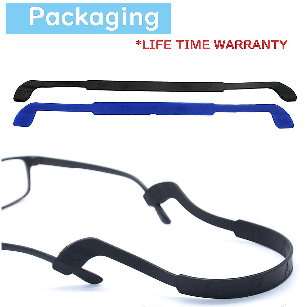 Glasses Strap Anti-Slip Silicone Eyeglass Strap Eyewear Retainers Sports Elastic Soft Sunglass Cord Holder for Men Women 2PCS(Black /Blue)