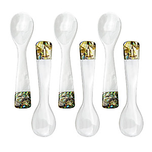 DUEBEL Set of 6 Mother of Pearl MOP Caviar Spoons with Green Abalone Decoration for Caviar, Egg, Icecream, Coffee Serving (White, 9x2.4cm)