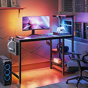 Bestier Gaming Desk with LED Lights, 44 Inch PC Gamer Desk for Small Spaces, Computer Desk with Reversible Storage Shelves & Side Storage Bag (Black Grained)