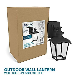 Home Luminaire 31703 Spence 1-Light Outdoor Wall Lantern with Seeded Glass and Built-in GFCI Outlet, Black