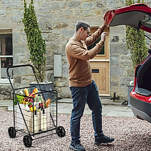 COSTWAY Folding Shopping Cart, Heavy Duty Grocery Utility Cart with Foam Wrapped Handle & Large Wheels, Versatile Rolling Cart with 22 Gal Metal Basket for Warehouse, Supermarket & Laundry