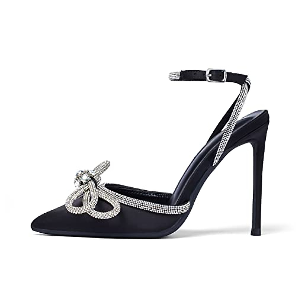 Elisabet Tang Women's High Heel Pumps,Satin Rhinestone Bowknot Lace Up Sandals Pointed Toe Ankle Buckle Straps Pump Stiletto Sandals Black Size 8