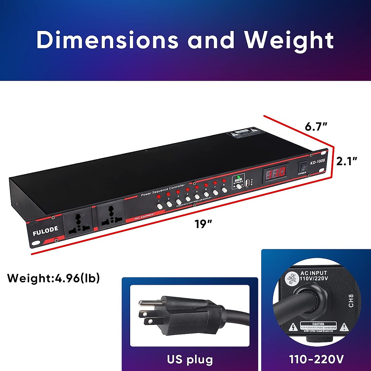 FULODE 10 Outlet Power conditioner -8 Independent Switch Rack power, Power conditioner rack mount Audio power conditioner Regulator w/Voltage Readout, With USB,Surge Protector (KD-1008)