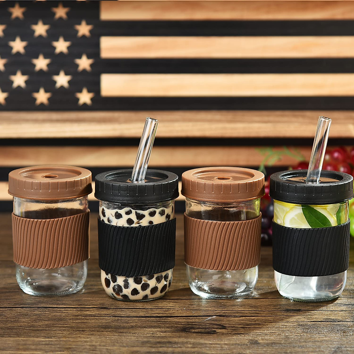 Cute Boba Cups with Lid and Straws, 4 Pack Glass Bubble Tea Cups with Canning Lids, Leakproof Drinking Jars for Large Pearl, 16oz