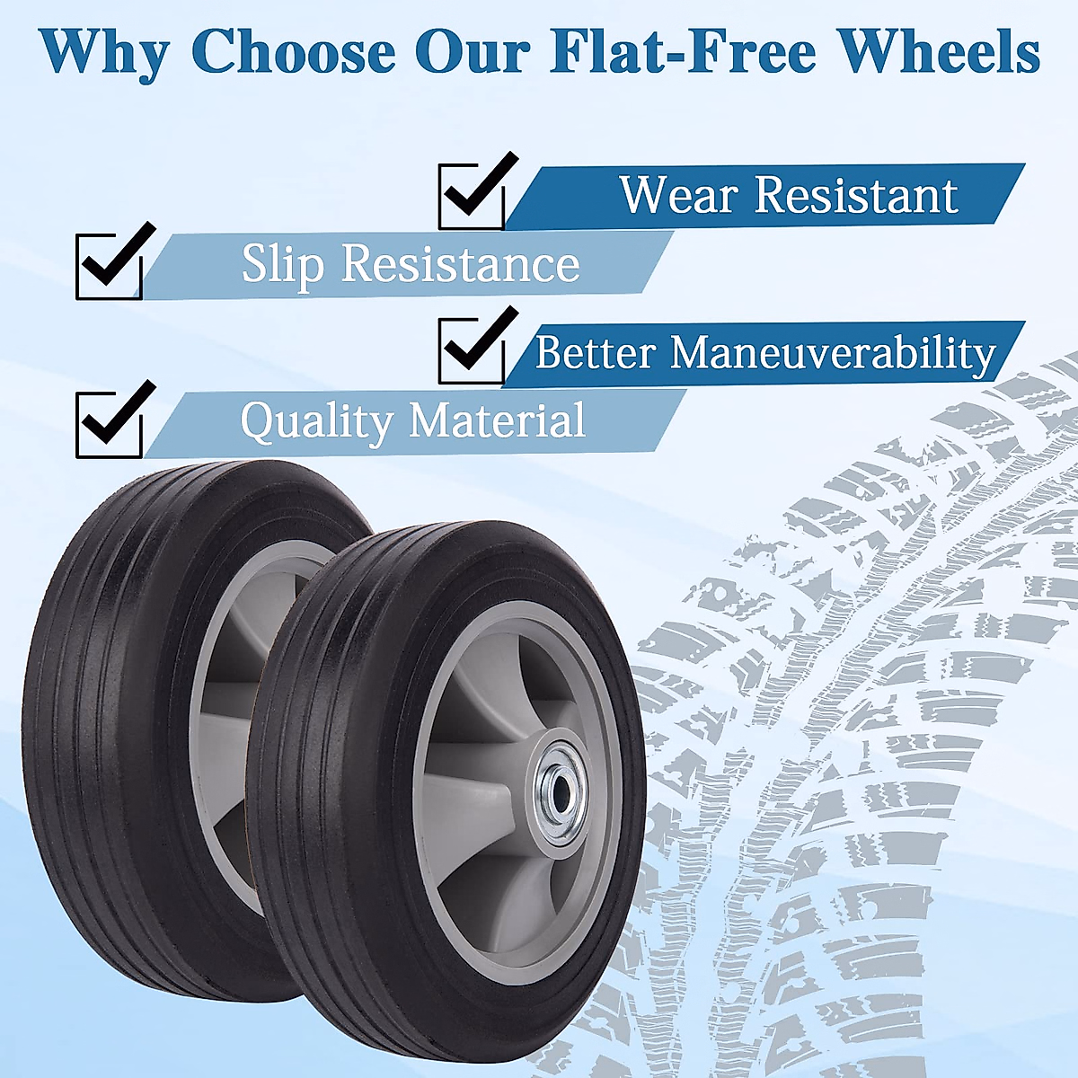 8”x 2”Flat Free Solid Rubber Wheel,Heavy Duty Solid Rubber Wheels Replacement Hand Truck Wheels with Ball Bearings and 1/2” Bore Hole Diameter,Hand Truck Tire 290 lbs Load Capacity (2-Pack)