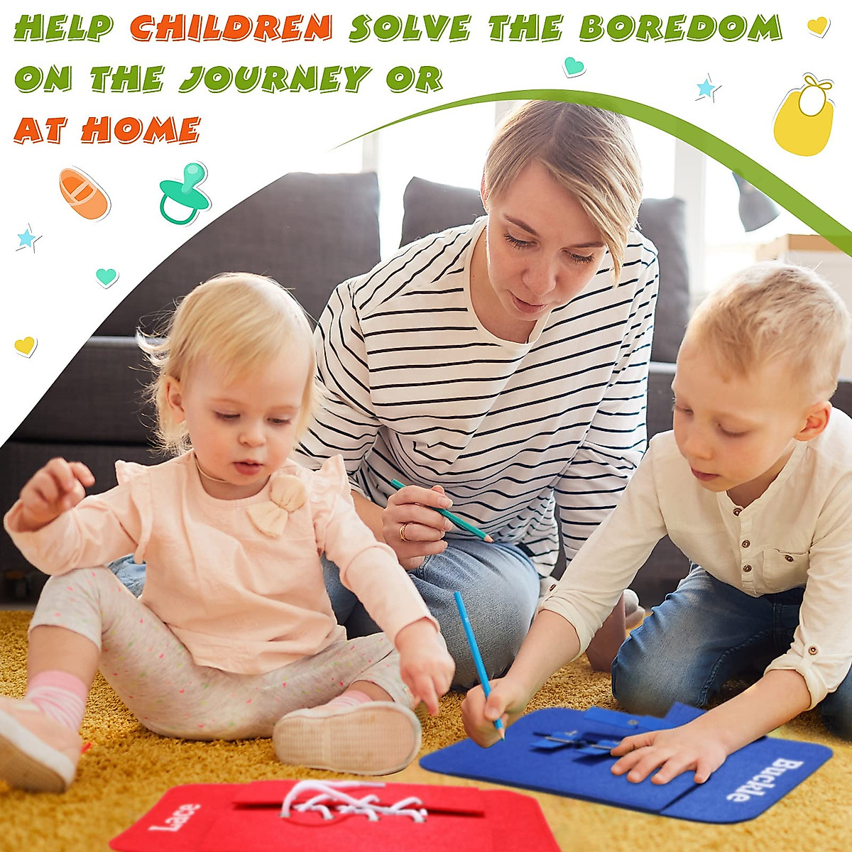 8 Pieces Early Learning Toys Toddlers Learn to Dress Practice Boards Basic Life Skills Busy Board Includes Zip, Snap, Button, Buckle, Lace and Tie for Preschool Education Classroom Supplies Activity