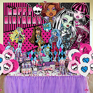 19Pcs Monster High Birthday Party Supplies,1 Happy Birthday Backdrop,18 Ballons for Monster High Party Decorations, 5 x 3FT Birthday Banner for Girls Boys Kids Birthday Party Decorations