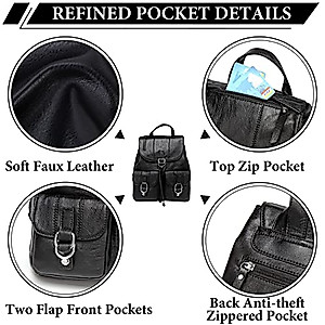 VASCHY Mini Backpack Purse for Women, Fashion Faux Leather Buckle Flap Drawstring Backpack for College with Two Front Pockets Black