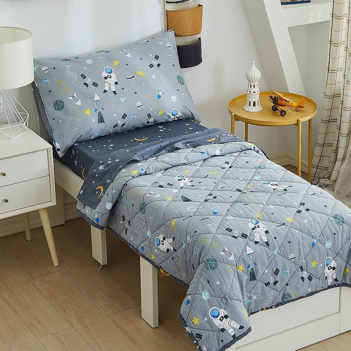 Brandream 4-Piece Toddler Bedding Sets for Boys Space Rocket Galaxy Bed Sheet Set Girls Includes Comforter, Top Flat Sheet, Fitted Sheets and Pillowcases, Cotton