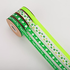 Meseey 20 Yards Shamrocks Grosgrain Ribbons 3/8 Inch Irish Day St. Patrick's Day Themed Clover Polyester Ribbon for Gift Wrapping Party Decoration Craft and Sewing