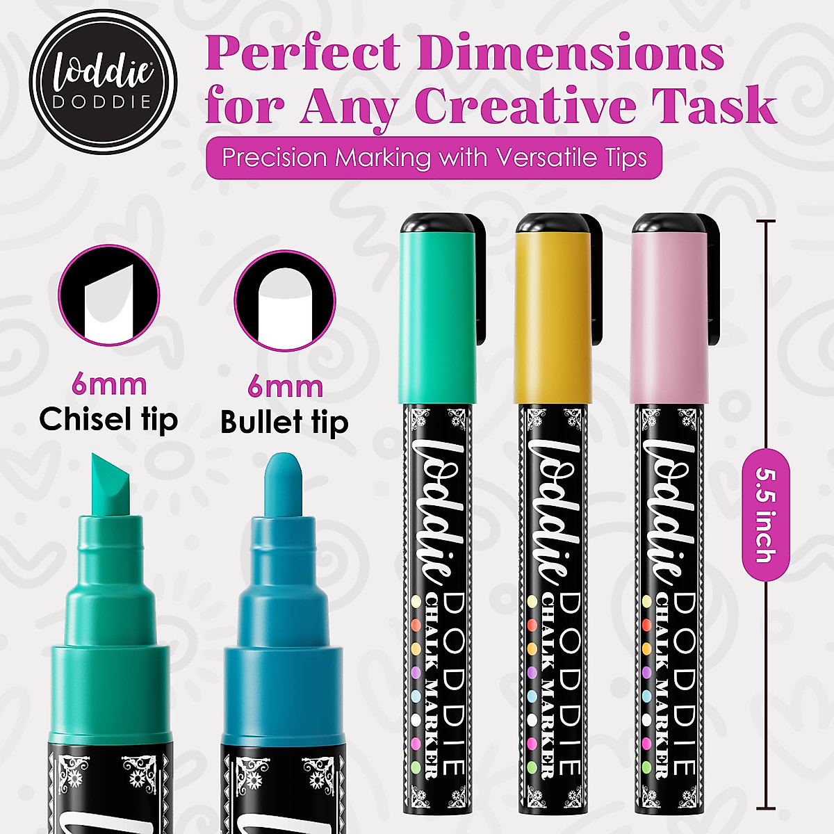 Loddie Doddie Liquid Chalk Markers for Chalkboard - 6mm Reversible Chisel and Bullet Tips, Chalkboard Markers Erasable, Macaron Pastel Chalk Pens 8 Count