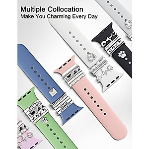 JR.DM 13 Pieces Silver Watch Band Charms with 10-Pcs Decorative Rings Loops & 3-Pcs Classic Clasp, Compatible with Apple Watch 38mm 40mm 41mm 42mm 44mm 45mm Metal Diamond Sliding Strap Accessories for iWatch Series 9 8 7 6 5 4 3 2 1 (No Watch Band)