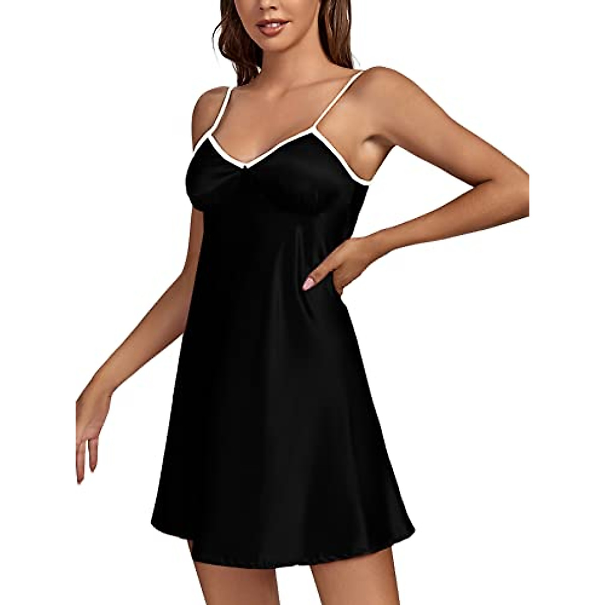 LYANER Women's Satin V Neck Spaghetti Strap Silk Slip Nightdress Chemise Nightgown Black Medium
